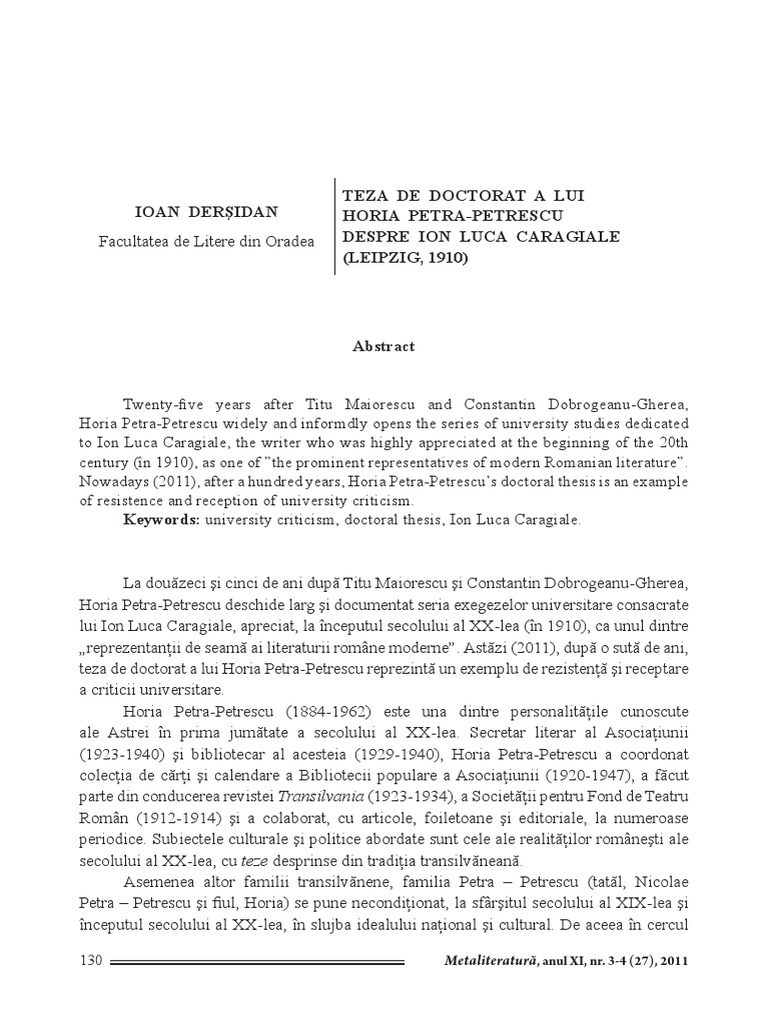 Teza de Doctorat A Lui Horia Petra - Petrescu Despre Ion Luca Caragiale ...