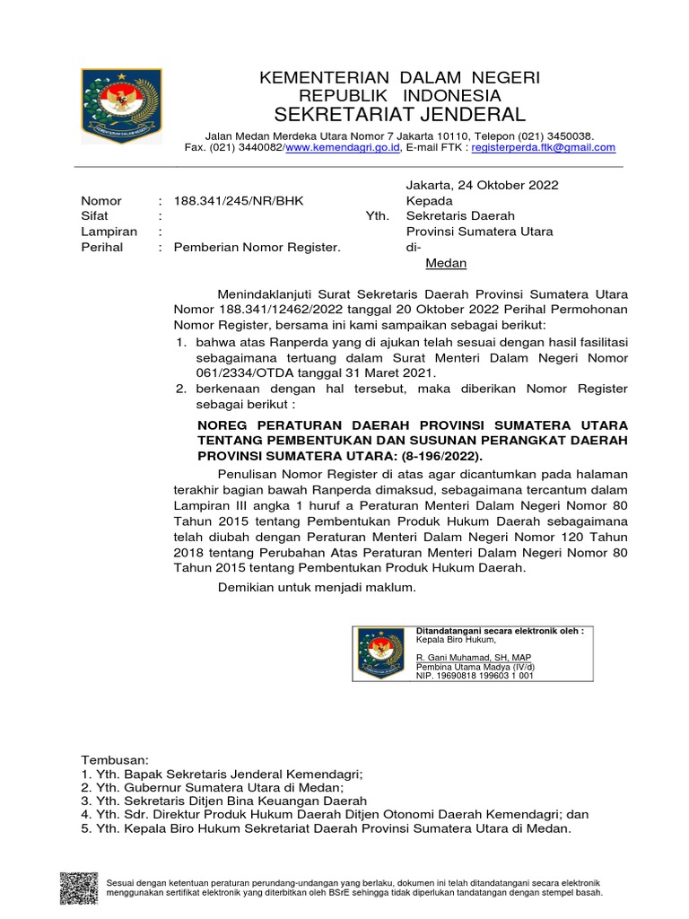 SURAT PEMBERIAN NOREG PROV. SUMATERA UTARA Tentang Susunan Dan Perangkat Daera Sumut | PDF