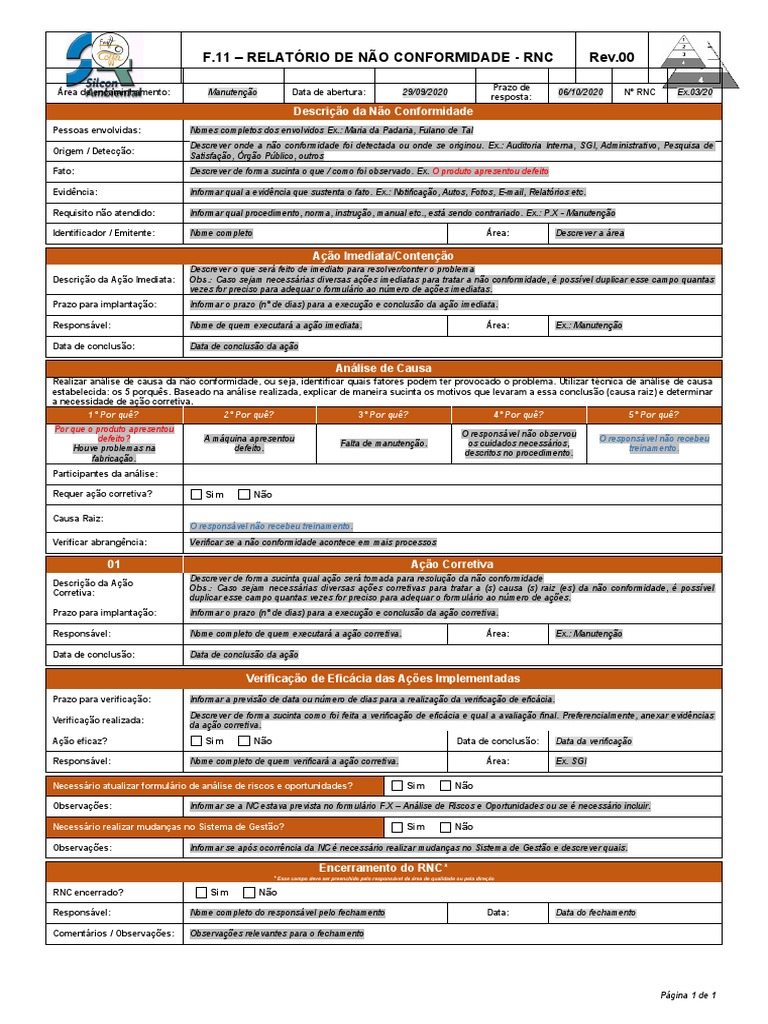 F.11 - Relatório de Não Conformidade - RNC - Modelo Preenchido | PDF
