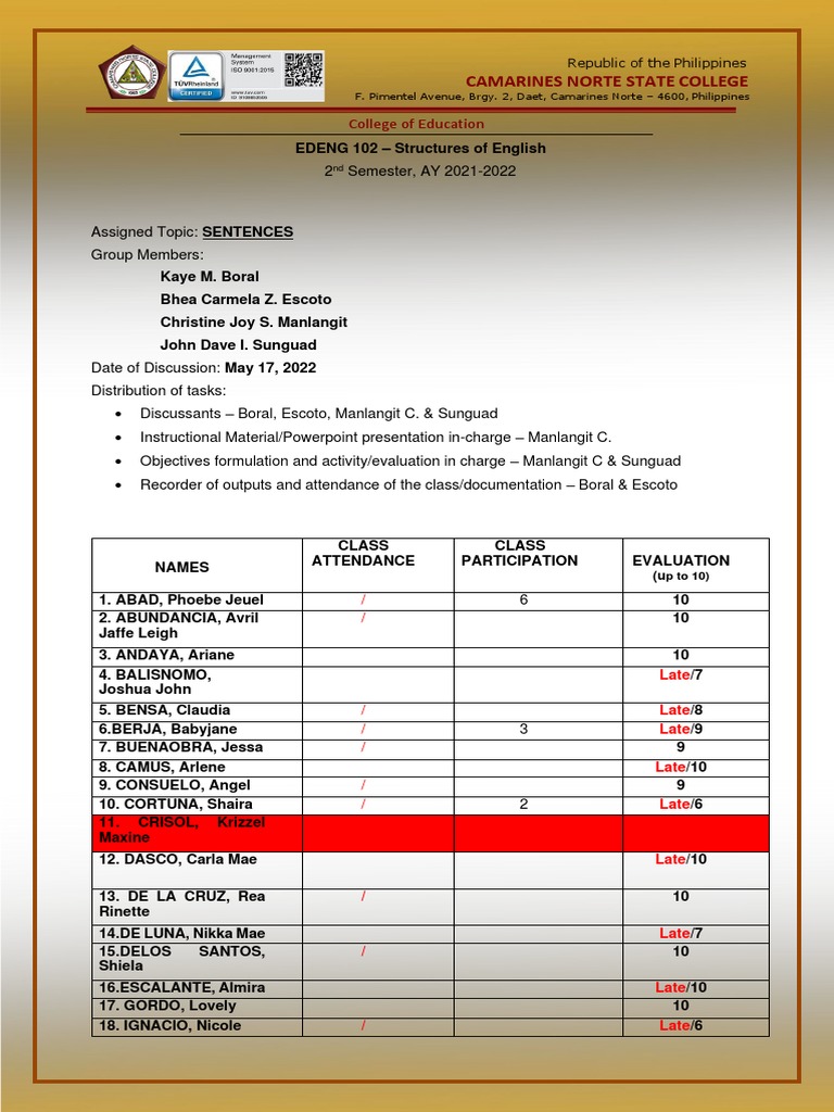 EDENG 102 Group 6 Sentence | PDF