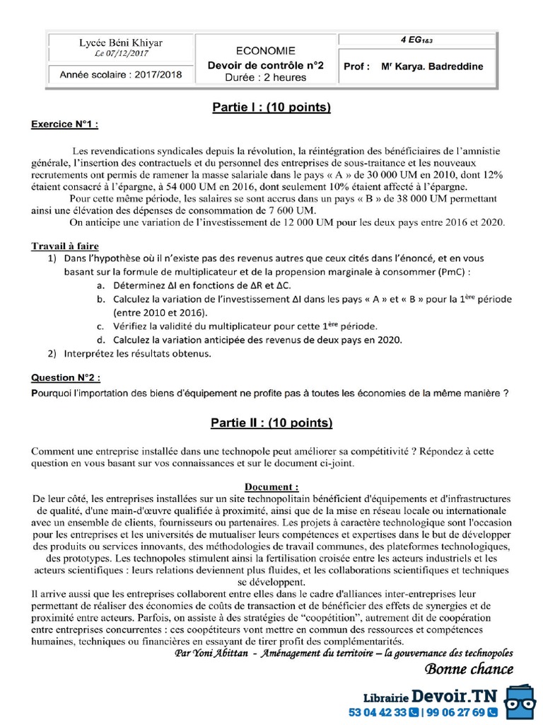 Devoir de Contrôle N°2 Avec Correction 2017 2018 (MR Karya) | PDF | Business | Recherche et ...