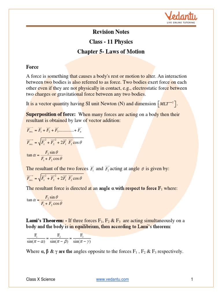 Class 11 Physics: Laws of Motion Notes | PDF | Force | Friction
