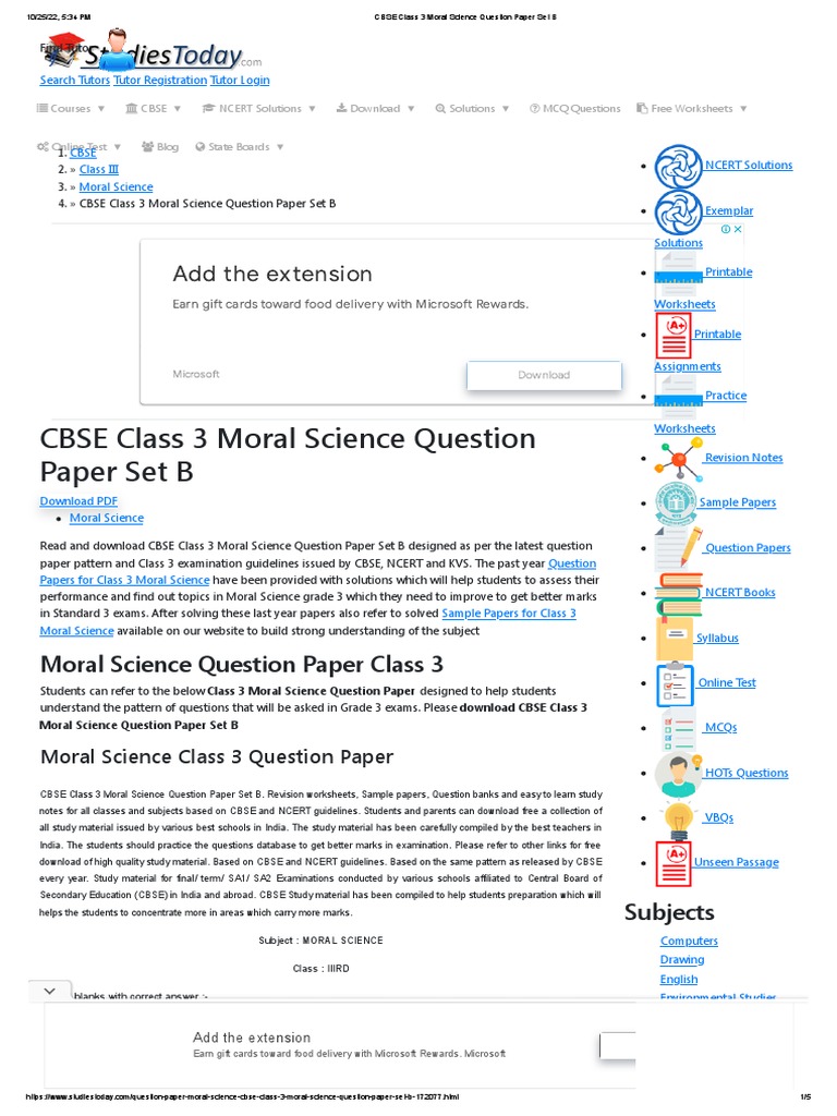 CBSE Class 3 Moral Science Question Paper Set B | PDF | Multiple Choice ...