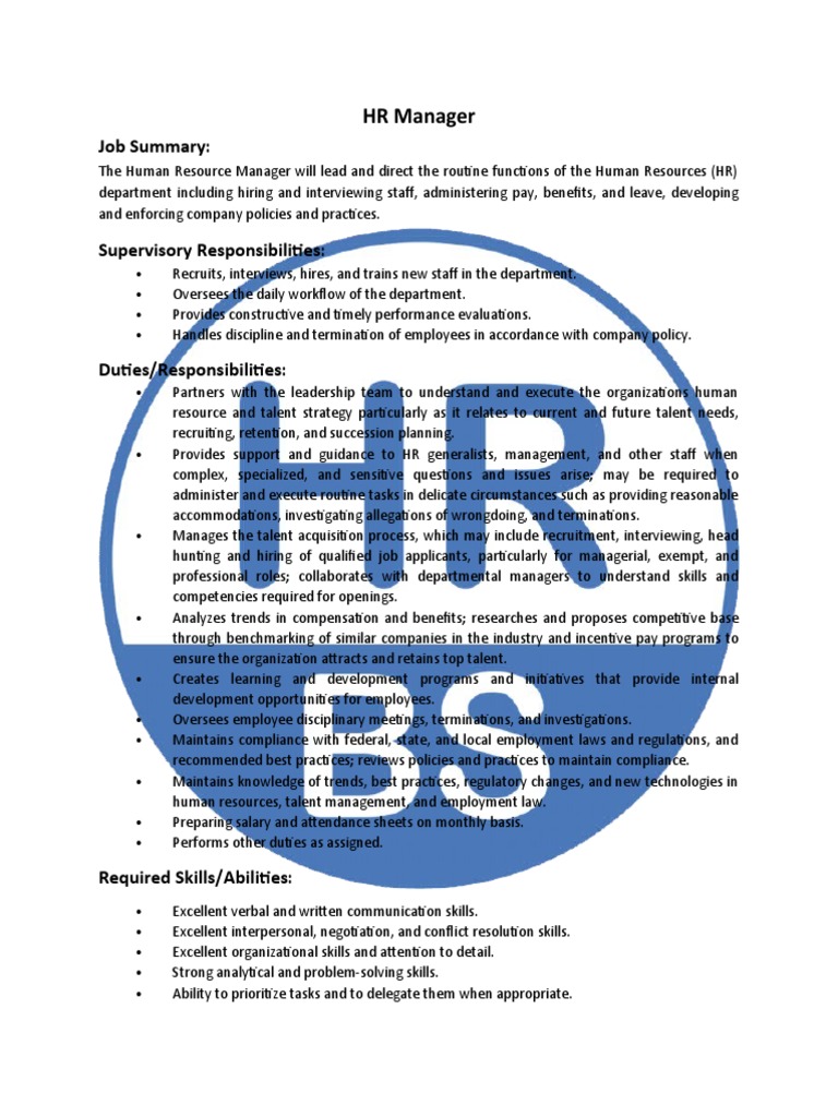 Job Description HR Manager | PDF | Human Resource Management | Human ...