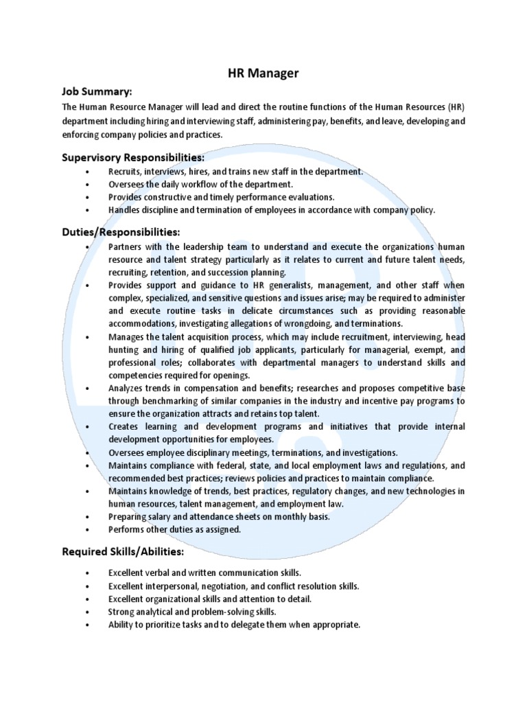 HR Manager Job Description and Duties | PDF | Human Resource Management ...