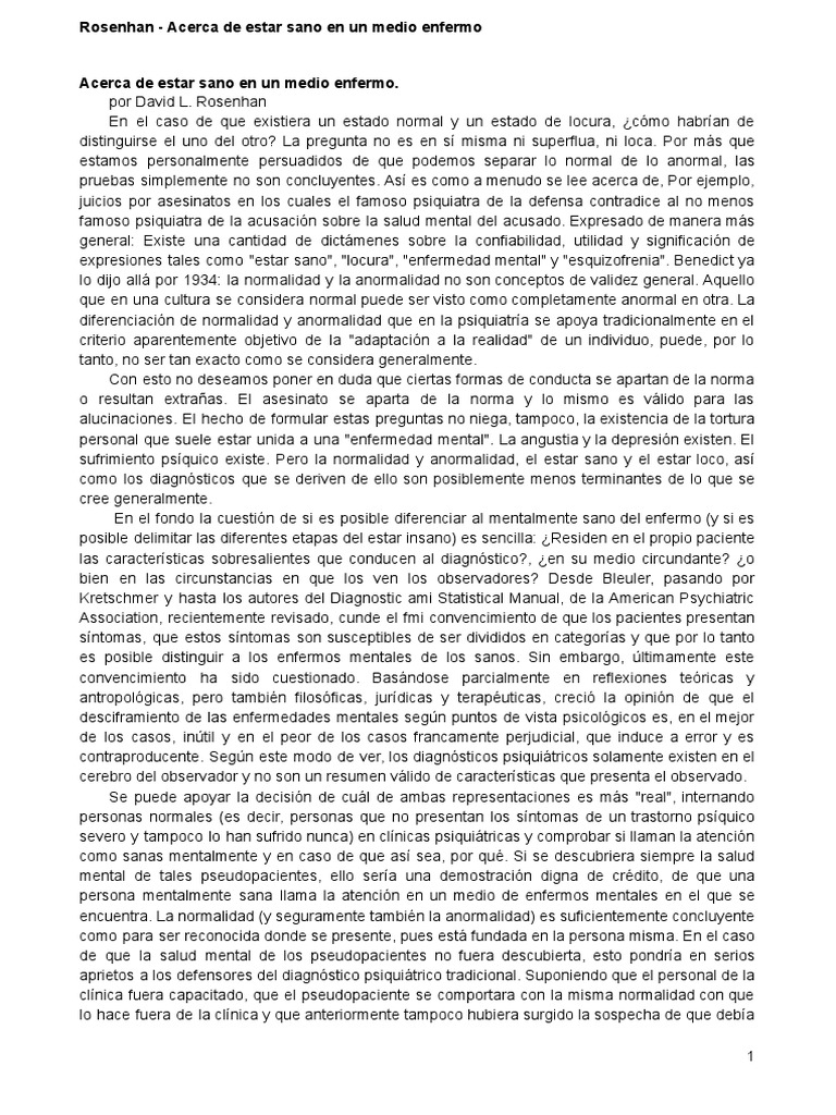 Rosenhan - Acerca de Estar Sano en Un Medio Enfermo | PDF ...