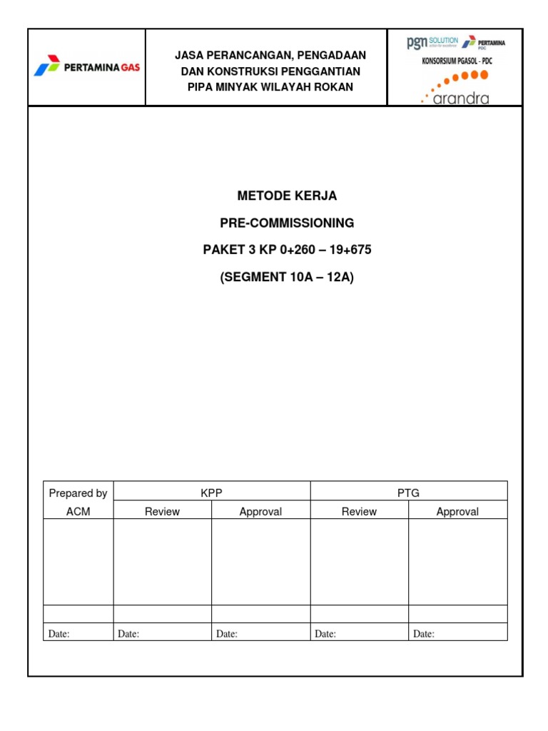 Metode Kerja Pre Commisioning Paket 3 (Segment 10A&12A) Rev3 | PDF