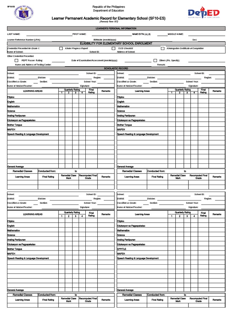 School Form 10 ES Learners Academic Permanent Record | PDF | Schools ...