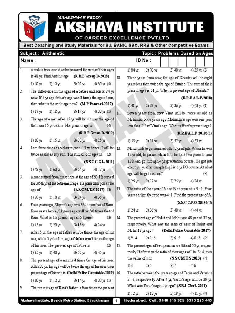 9 Problems Based On Ages | PDF | Public Transport | Public Services