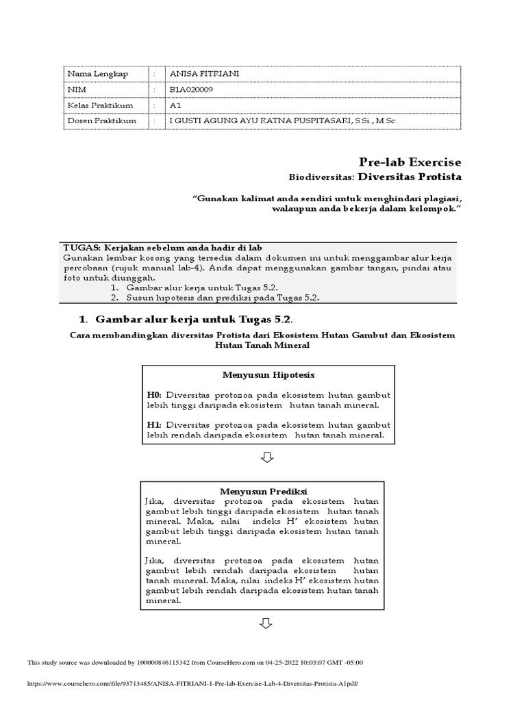 Anisa Fitriani 1 Pre Lab Exercise Lab 4 Diversitas Protista A1 Pdf Pdf
