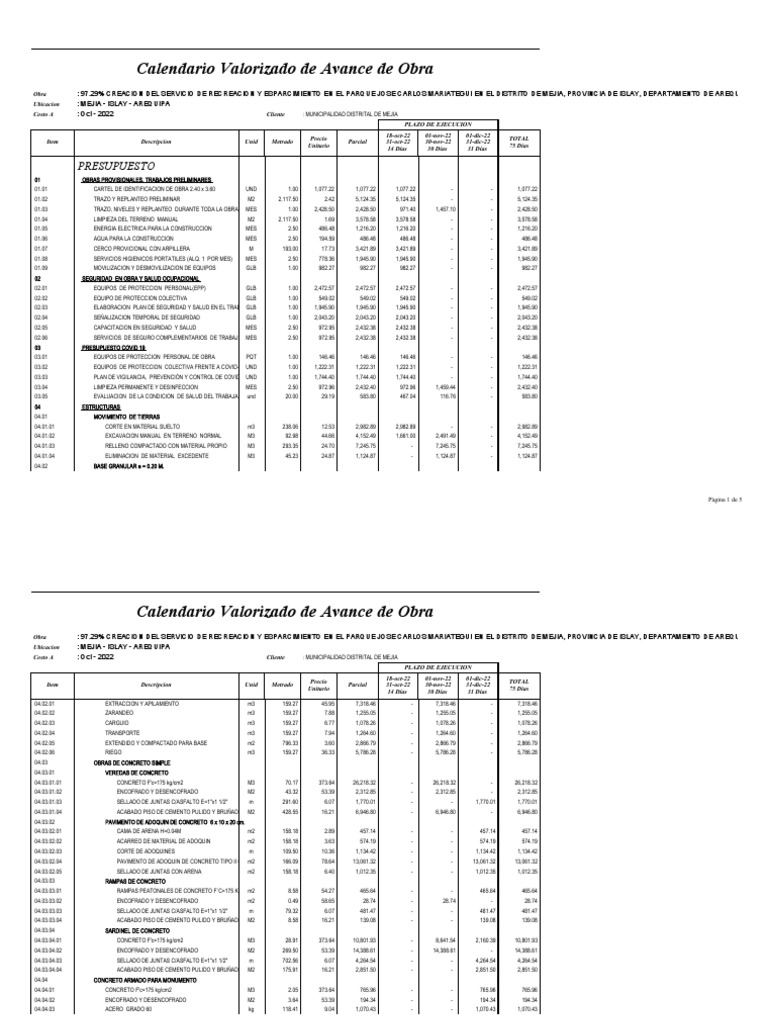 Calendario Valorizado de Avance de Obra Actualizado | PDF | Hormigón | Pisos