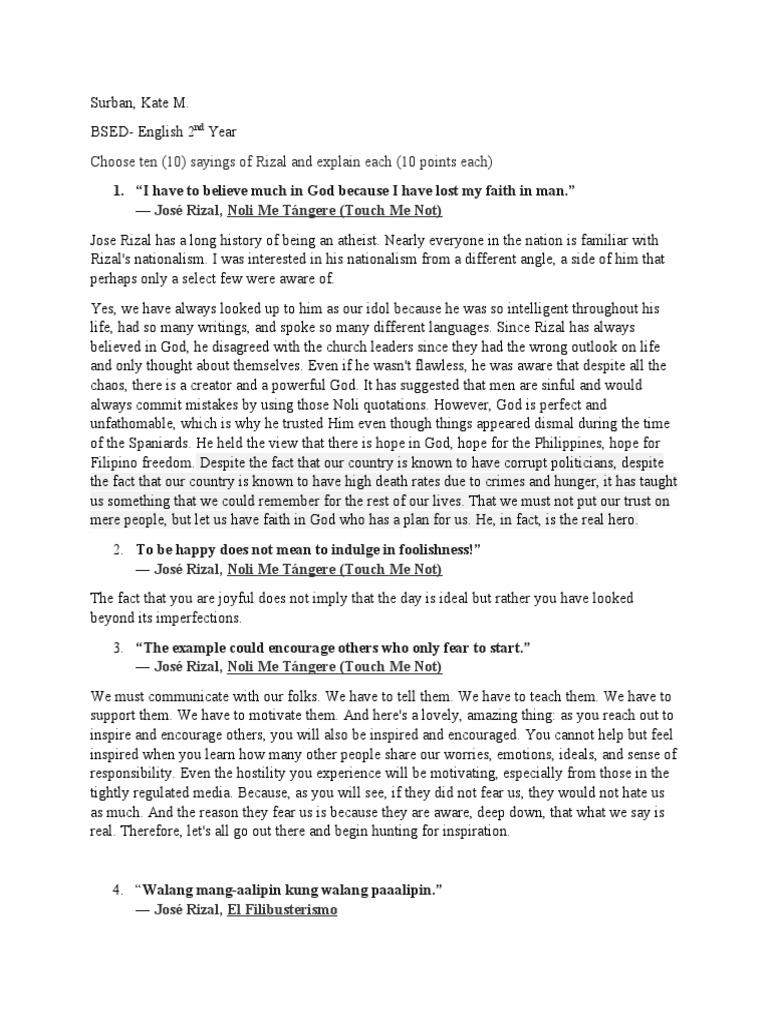 Explaining Ten Sayings of Jose Rizal: An Analysis of Their Meanings and ...