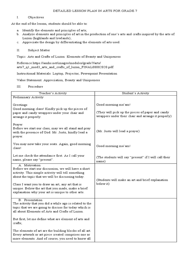 Detailed Lesson Plan in Arts For Grade 7 | PDF | Color | Perspective ...
