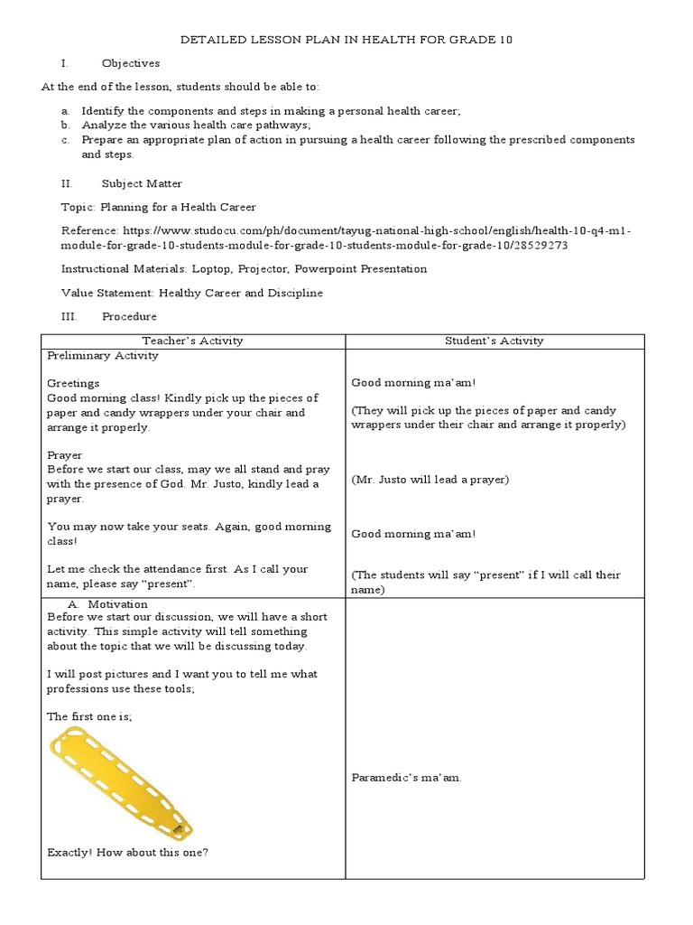 Detailed Lesson Plan in Health For Grade 10 | PDF | Health Care ...