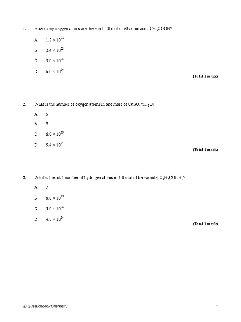 1.2 Moles and Numbers Questions | PDF | Mole (Unit) | Molecules