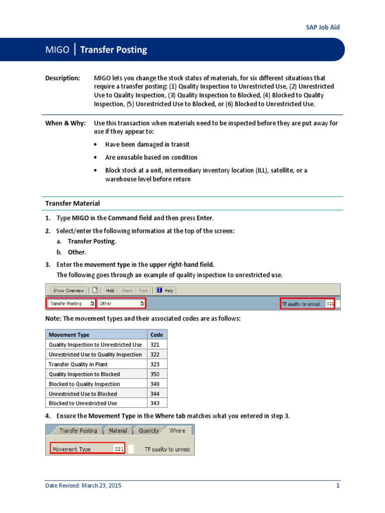 MIGO TransferPost | PDF | Warehouse | Information Technology Management