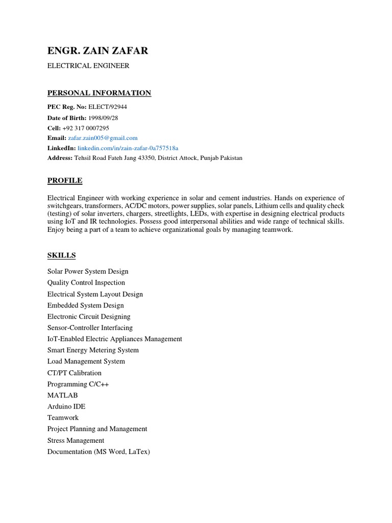 CV Engr Zain | PDF | Electrical Grid | Electricity