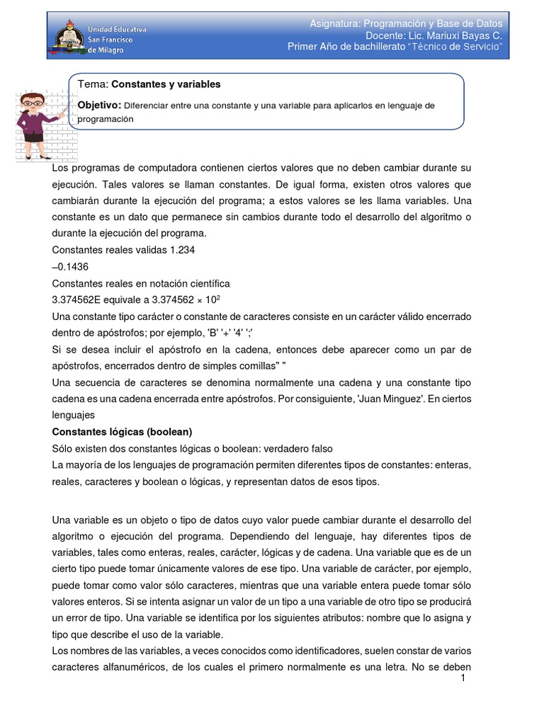Programación Y Base De Datos Constantes Y Variables Pdf Programación Programa De Computadora
