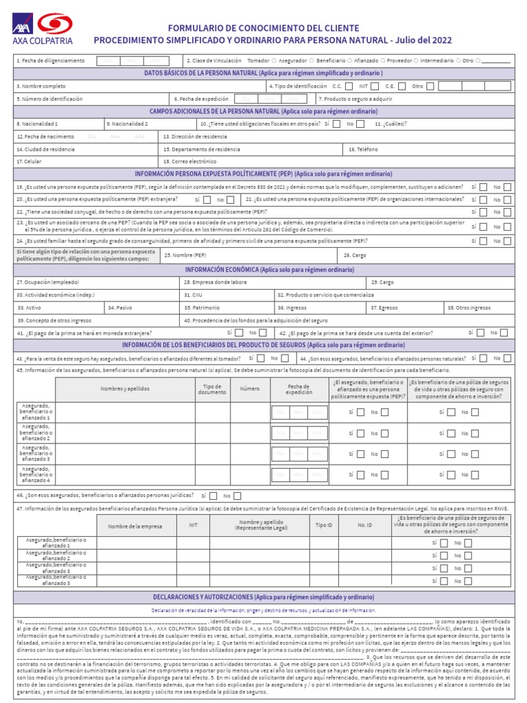 Norma Sarlaft - Formulario Persona Natural - Julio 2022 | PDF | Seguro ...