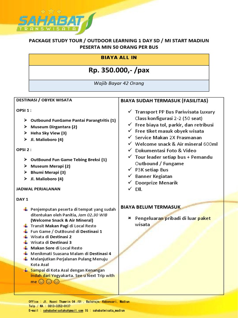 Contoh Package Study Tour Outdoor Learning 1 Day SD Mi | PDF