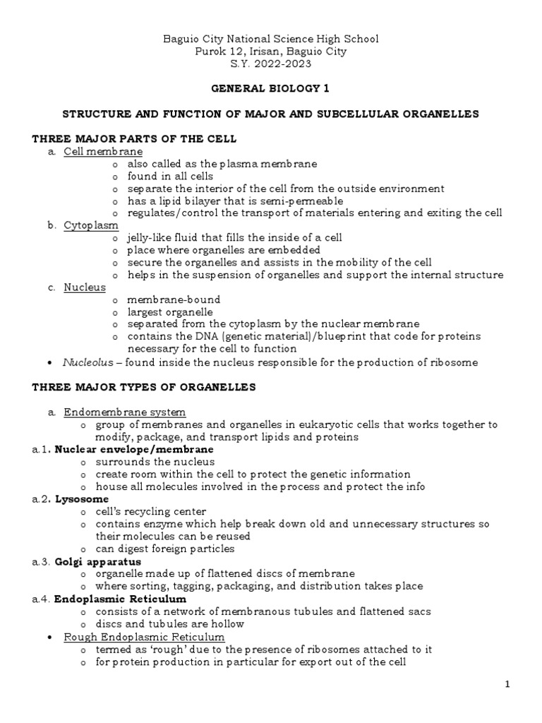 Structure and Function of Major and Subcellular Organelles | Download ...