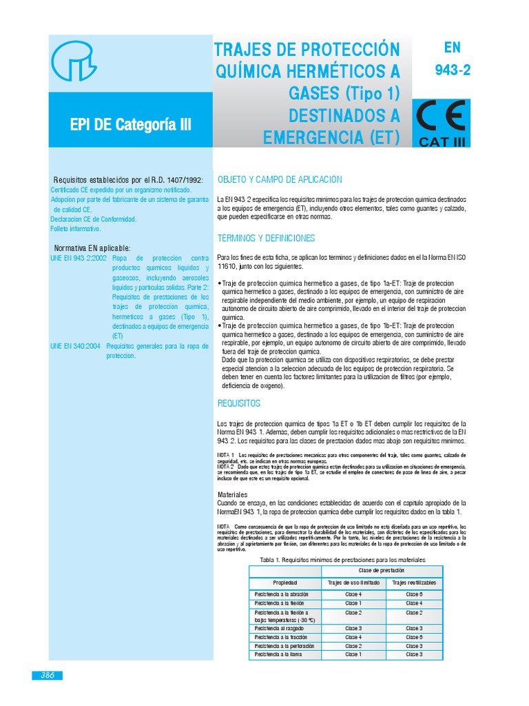 EN 943 2 Trajes Emergencia Quimica ET | PDF | Hidrocarburos | Ropa