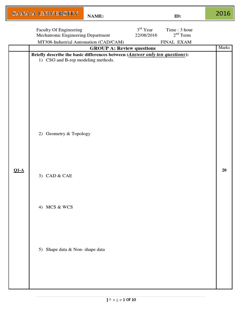 Final Exam CADCAMFinal 2016finalv | PDF | Computer Aided Design | Computer Science