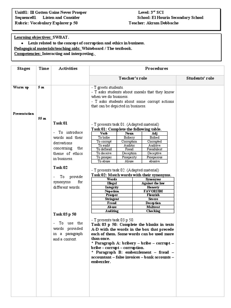 Lesson Plan - Listen & Consider - Sequence 1 - Vocabulary Explorer ...