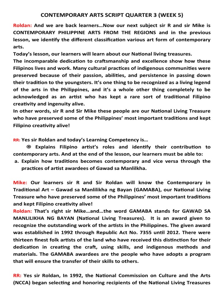 Contemporary Arts Quarter 3 Week 5 Script Final | PDF | Weaving | Folk Art