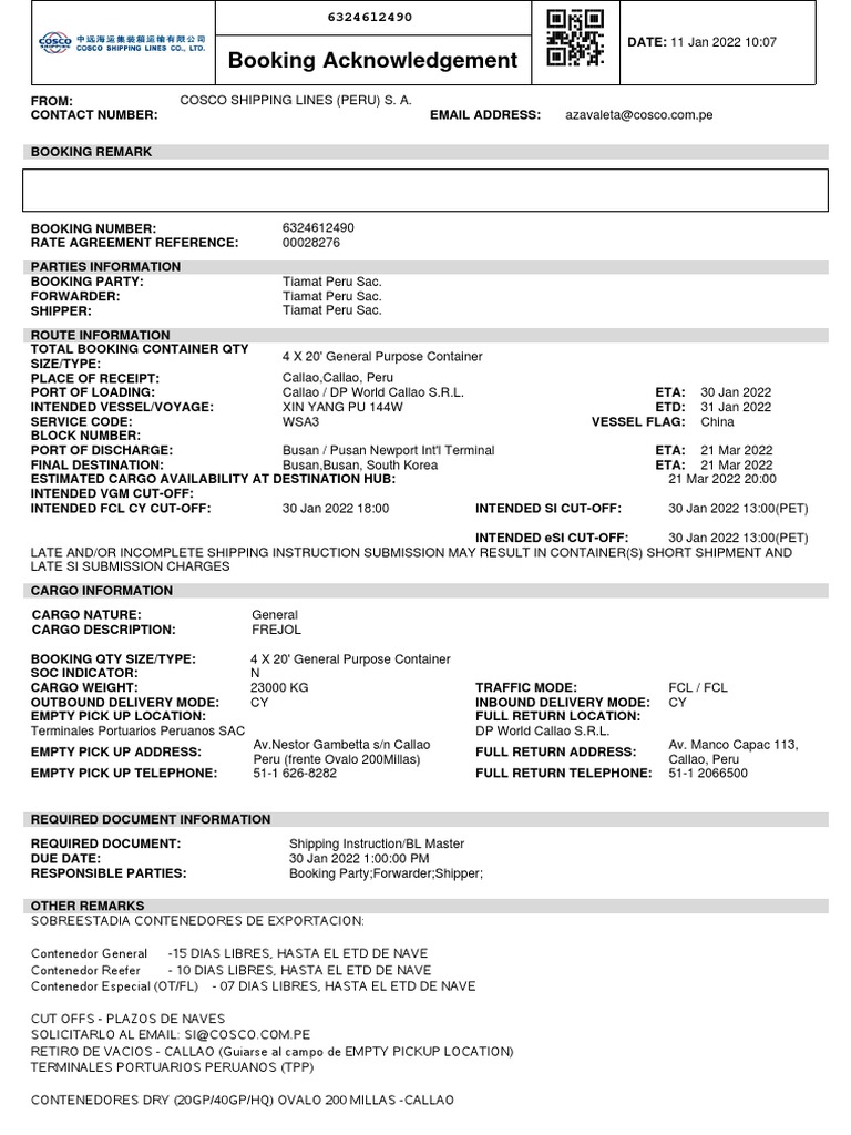 Booking Acknowledgement | PDF | Cargo | Service Industries