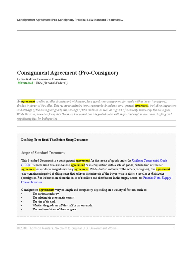 Consignment Agreement (Pro-Consignor) | PDF | Security Interest | Uniform Commercial Code