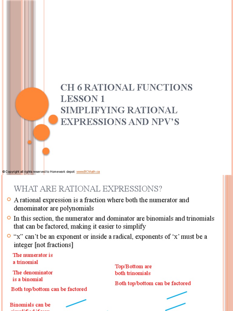 Lesson 1 Rational Expressions and NPV's | PDF | Factorization | Mathematical Concepts