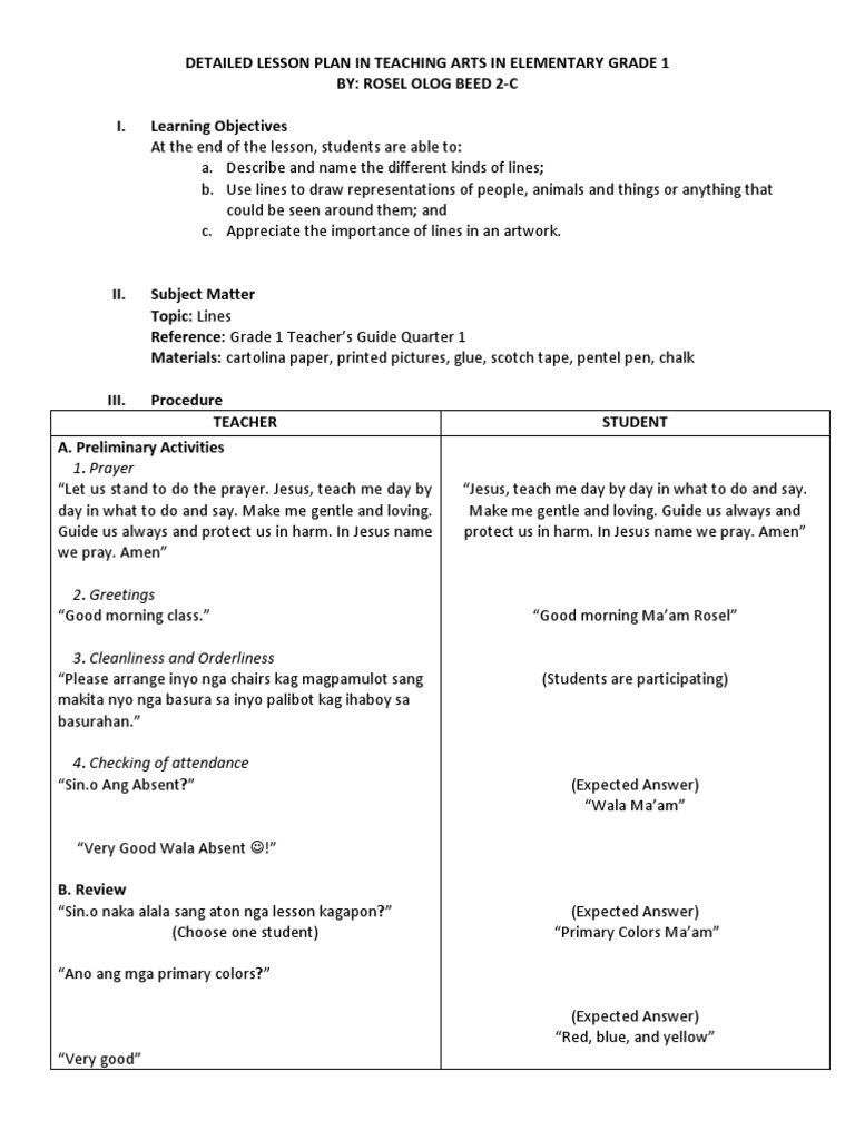 Detailed Lesson Plan in Teaching Arts in Elementary Grade 1 | PDF ...