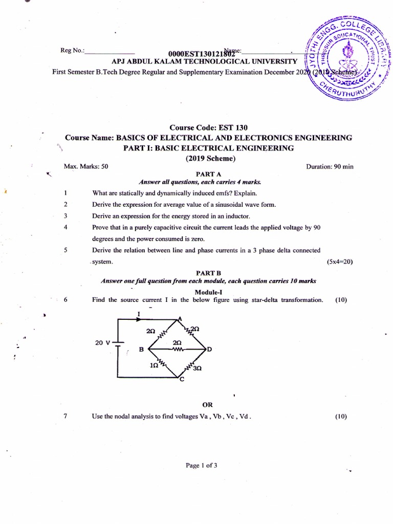 Est 130 Basics of Electrical and Electronics Engineering, December 2020 | PDF | Inductor ...