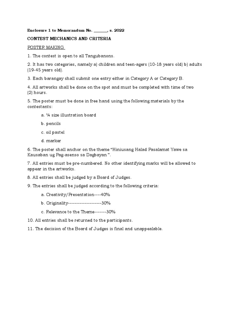 Mechanics and Criteria of Poster Making and Photography Contests | PDF ...