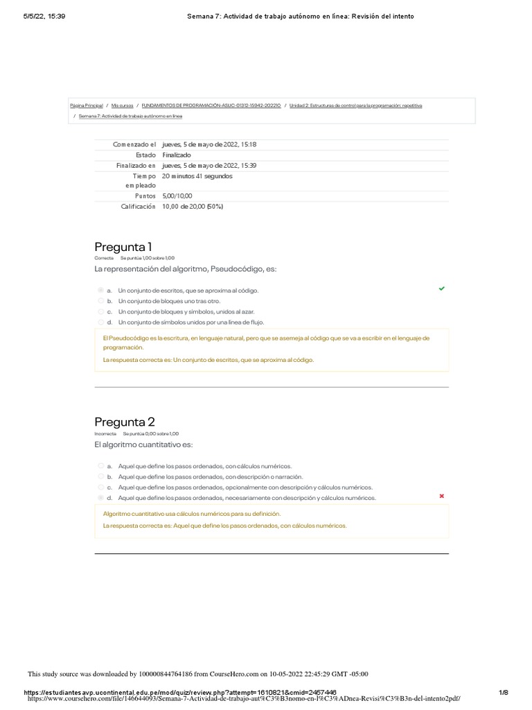 Revisión de una actividad de trabajo autónomo en línea sobre ...