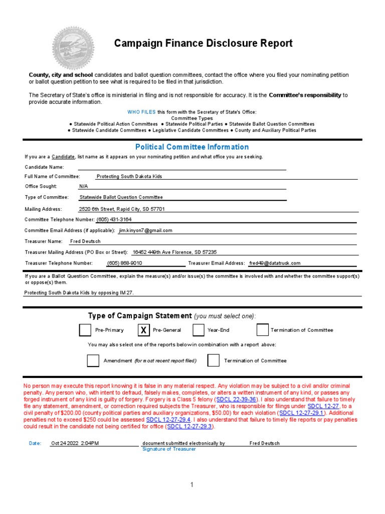 Protecting SDKids PAC Filing | PDF | Forgery | Political Action Committee