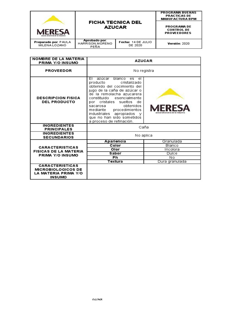 Ficha Técnica del Azúcar | PDF | Azúcar | Dieta y nutrición