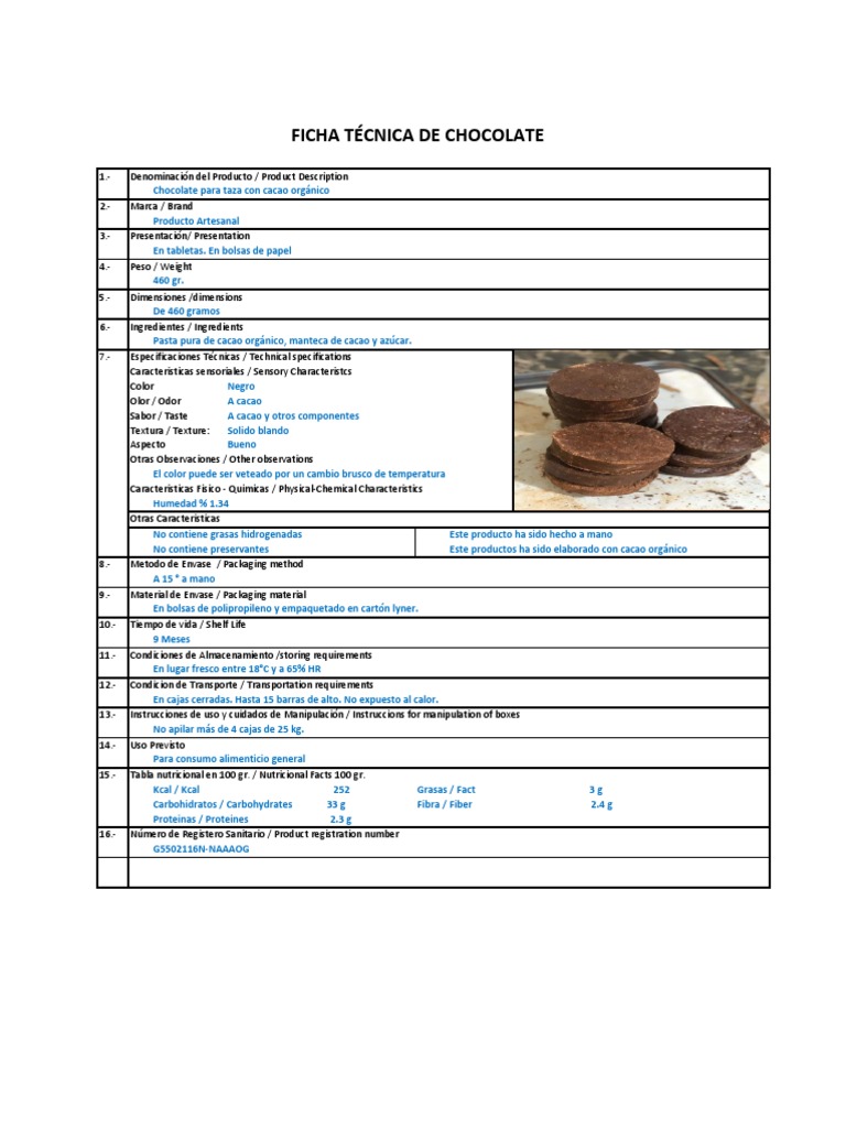 Ficha Tecnica Chocolate | PDF | Chocolate | Alimentos Ficha Tecnica Chocolate | PDF | Chocolate | Alimentos