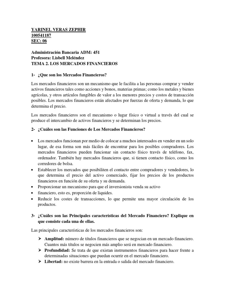 Cuestionario Del Tema 2 Los Mercados Financieros | Descargar gratis PDF | Banco Interamericano ...