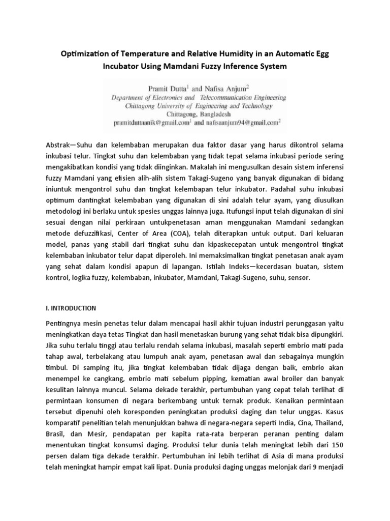 Optimization of Temperature and Relative Humidity in An Automatic Egg Incubator Using Mamdani ...