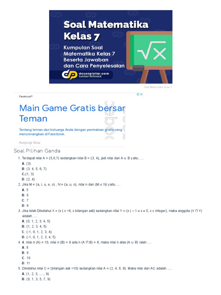 Soal Matematika Kelas 7 2021 - 2022 Dan Kunci Jawabannya | PDF
