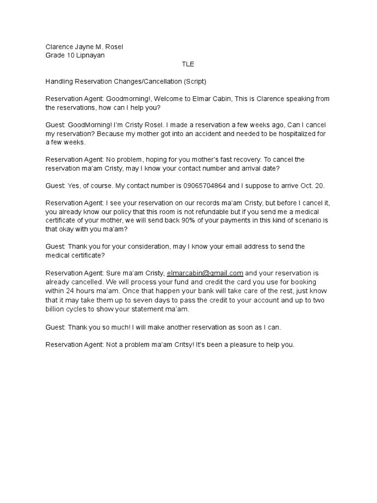 Script in Handling Reservation Changes/Cancellation | PDF