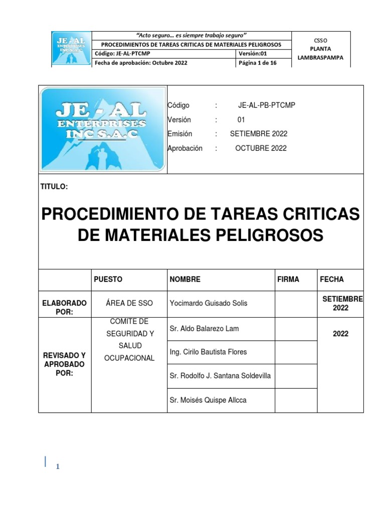 Procedimientos de Tareas Criticas de Materiales Peligrosos | Descargar gratis PDF | Seguridad y ...