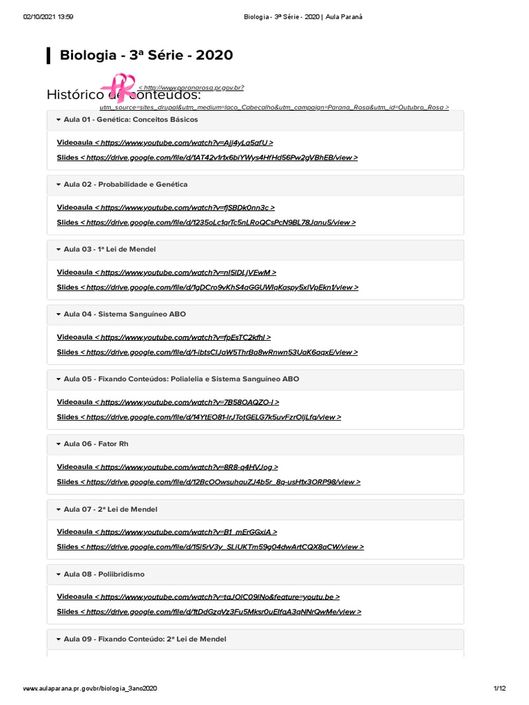 Biologia - 3 Série - 2020 - Aula Paraná | PDF