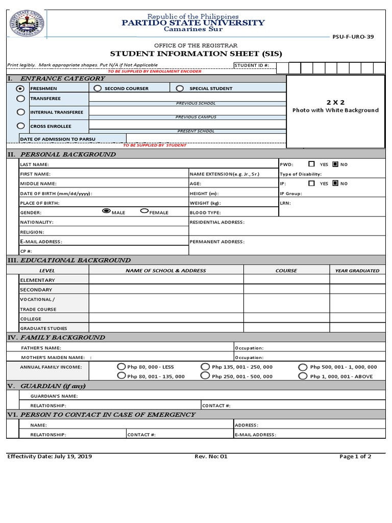 PSU-F-URO-39 (Student Information Sheet) | PDF