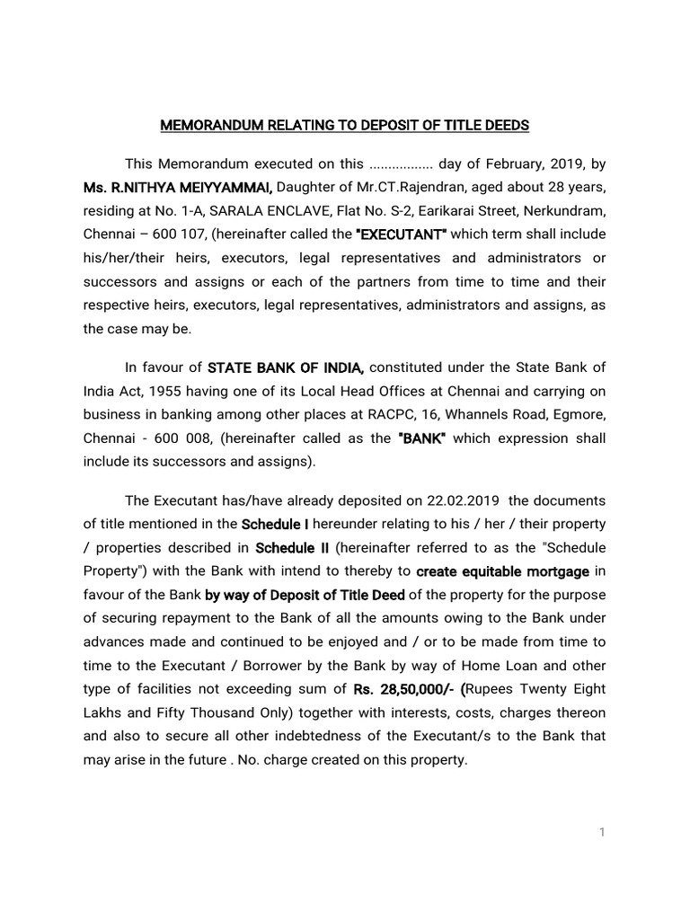 Memorandum of Deposit of Title Deeds | PDF