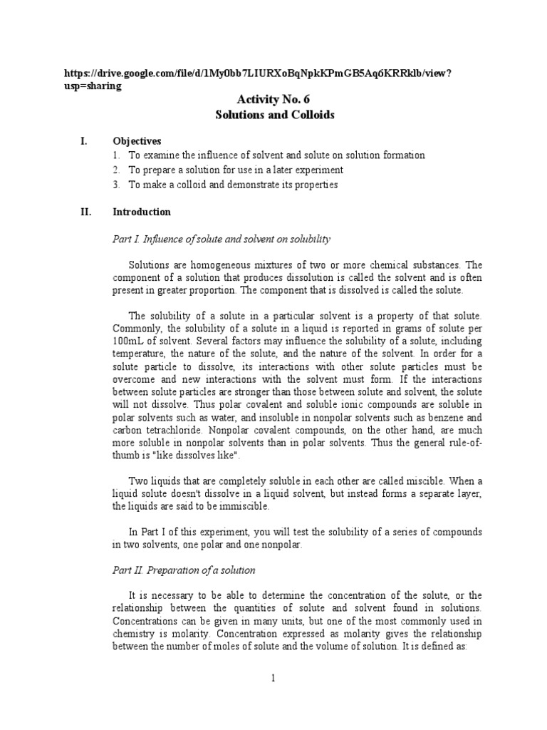 Solutions and Colloids Experiment Guide | PDF | Solubility | Solvent