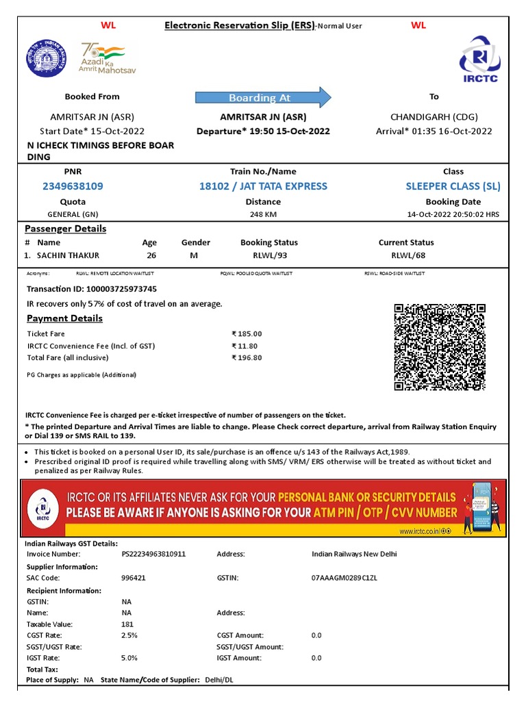 Electronic Reservation Slip for Travel from Amritsar to Chandigarh on ...