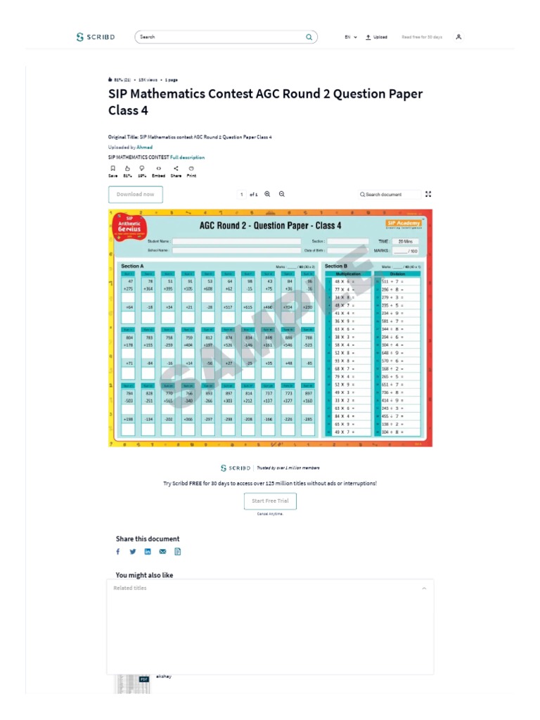 SIP Mathematics Contest AGC Round 2 Question Paper Class 4 - PDF | PDF ...
